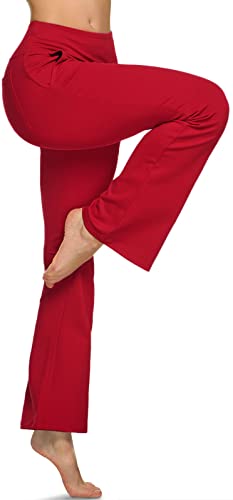 TSLA Womens Bootcut Yoga Pants with Pockets, Tummy Control High Waist Bootleg Yoga Pants, 4 Way Stretch Workout Pants, Bootcut Petite Red, Large