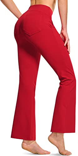 TSLA Womens Bootcut Yoga Pants with Pockets, Tummy Control High Waist Bootleg Yoga Pants, 4 Way Stretch Workout Pants, Bootcut Petite Red, Large