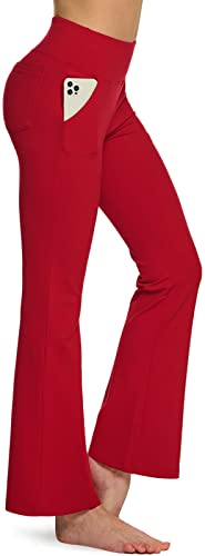 TSLA Womens Bootcut Yoga Pants with Pockets, Tummy Control High Waist Bootleg Yoga Pants, 4 Way Stretch Workout Pants, Bootcut Petite Red, Large