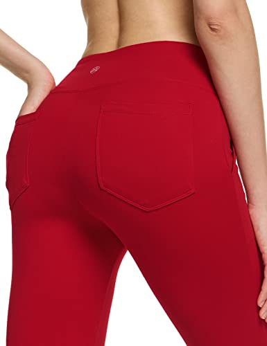 TSLA Womens Bootcut Yoga Pants with Pockets, Tummy Control High Waist Bootleg Yoga Pants, 4 Way Stretch Workout Pants, Bootcut Petite Red, Large