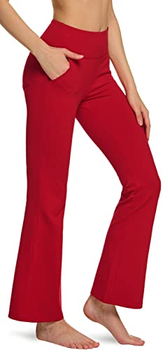 TSLA Womens Bootcut Yoga Pants with Pockets, Tummy Control High Waist Bootleg Yoga Pants, 4 Way Stretch Workout Pants, Bootcut Petite Red, Large