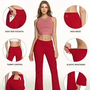 TSLA Womens Bootcut Yoga Pants with Pockets, Tummy Control High Waist Bootleg Yoga Pants, 4 Way Stretch Workout Pants, Bootcut Petite Red, Large