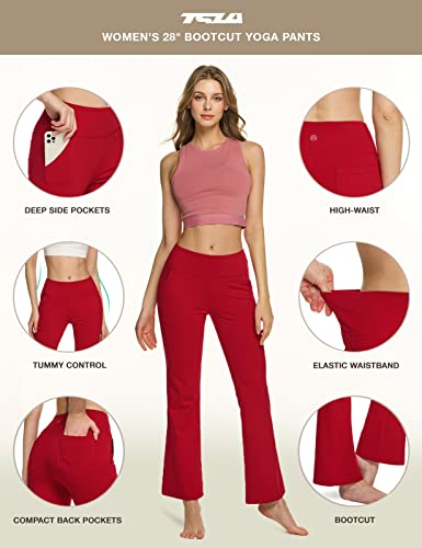 TSLA Womens Bootcut Yoga Pants with Pockets, Tummy Control High Waist Bootleg Yoga Pants, 4 Way Stretch Workout Pants, Bootcut Petite Red, Large