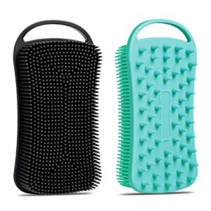 2 pack silicone body scrubber, 2 in 1 shower and scalp massager shampoo brush, soft silicone loofah for sensitive skin, double-sided body brush, lathers well, gentle exfoliating (black,green)