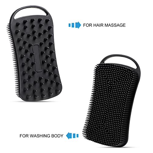 2 Pack Silicone Body Scrubber, 2 in 1 Shower and Scalp Massager Shampoo Brush, Soft Silicone Loofah for Sensitive Skin, Double-Sided Body Brush, Lathers Well, Gentle Exfoliating (Black,Green)