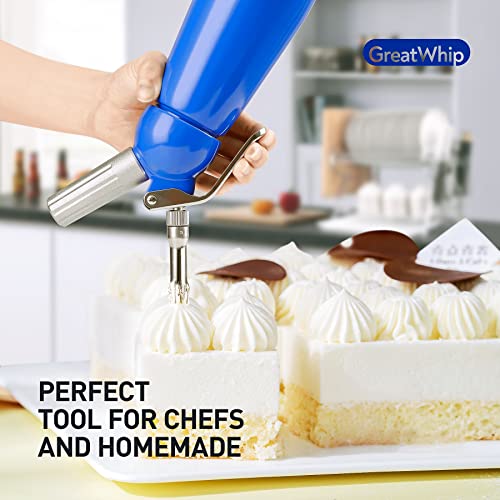 GreatWhip Whipped Cream Aluminum Dispenser Highly Durable Whip Cream Maker 500ml /1 Pint Large Capacity Cream Whipper with 3 Stainless Steel Nozzles & Cleaning Brush (White)