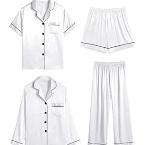 SWOMOG Silk Satin Pj Sets for Women 4 Pieces Button Down Pajama Soft Sleepwear White