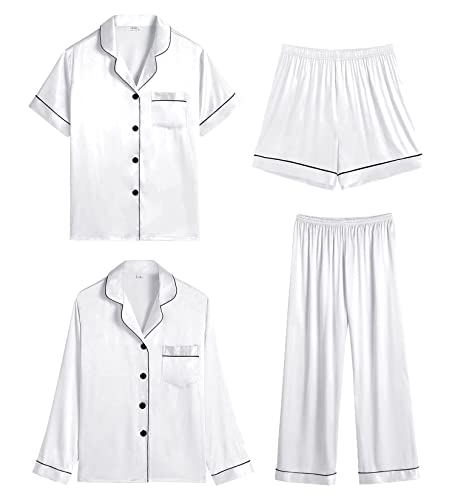 SWOMOG Silk Satin Pj Sets for Women 4 Pieces Button Down Pajama Soft Sleepwear White