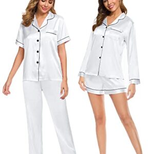 SWOMOG Silk Satin Pj Sets for Women 4 Pieces Button Down Pajama Soft Sleepwear White