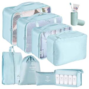 packing cubes - 9 pcs travel luggage organizers set waterproof suitcase organizer bags travel essentials clothes shoes cosmetics toiletries storage bags (blue)