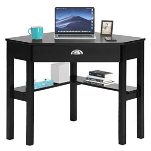 corner desk corner computer desk with drawer for small space makeup vanity desk 90 degrees triangle corner desk with storage shelves, home office workstation for living room, or bedroom (black)