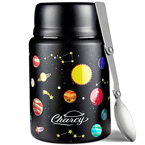 Charcy 17 Ounce Kids Thermos for Hot Food - Soup Thermos with Folding Spoon - Insulated Food Jar for Hot & Cold Food - Straight Black Planet