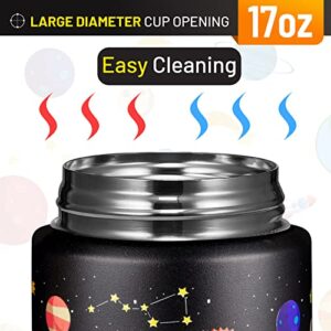 Charcy 17 Ounce Kids Thermos for Hot Food - Soup Thermos with Folding Spoon - Insulated Food Jar for Hot & Cold Food - Straight Black Planet