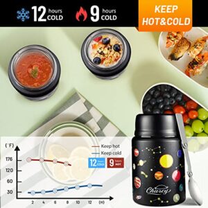 Charcy 17 Ounce Kids Thermos for Hot Food - Soup Thermos with Folding Spoon - Insulated Food Jar for Hot & Cold Food - Straight Black Planet