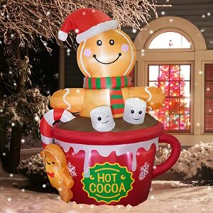 funflatable 6 ft christmas inflatables outdoor decorations, cute christmas blow up yard decorations gingerbread man in hot cocoa mug scene for garden lawn xmas decor