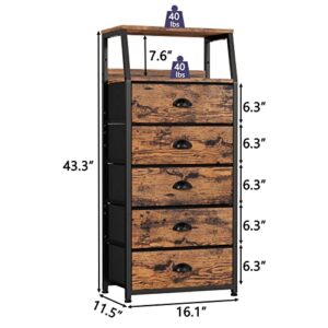 Furnulem Tall 5 Drawers Dresser, Vertical Storage Tower Fabric Dresser for Bedroom, Hallway, Entryway, Nursery, Closet Organizer, Nightstand Bedside Table Furniture, Sturdy Steel Frame, Wood Top