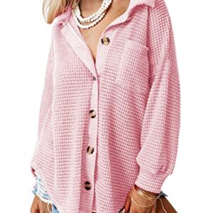 Dokotoo Women's Long Sleeve V Neck Waffle Knit Shacket - Comfy Winter Button Down Jacket - Pink XXL