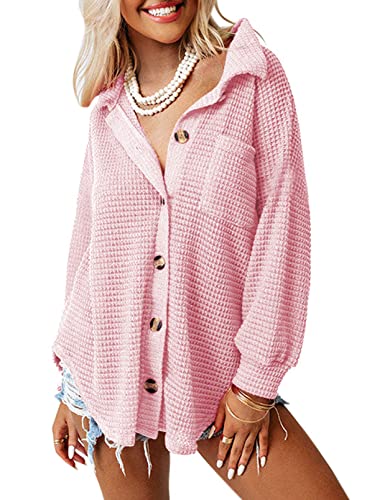 Dokotoo Women's Long Sleeve V Neck Waffle Knit Shacket - Comfy Winter Button Down Jacket - Pink XXL