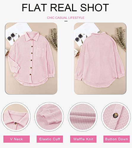 Dokotoo Women's Long Sleeve V Neck Waffle Knit Shacket - Comfy Winter Button Down Jacket - Pink XXL