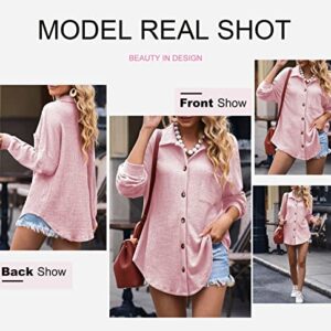 Dokotoo Women's Long Sleeve V Neck Waffle Knit Shacket - Comfy Winter Button Down Jacket - Pink XXL