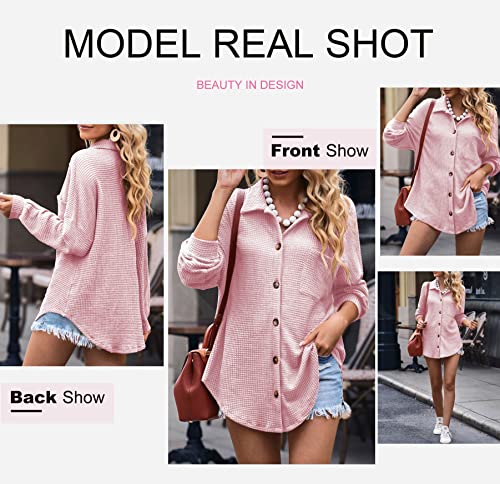 Dokotoo Women's Long Sleeve V Neck Waffle Knit Shacket - Comfy Winter Button Down Jacket - Pink XXL