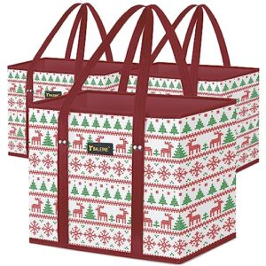 baleine 3pk reusable grocery bags, foldable shopping bags for groceries with reinforced bottom & handles (reindeers)