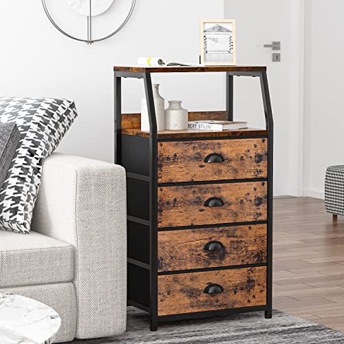 Furnulem Tall 4 Drawers Dresser, Vertical Storage Tower Fabric Dresser for Bedroom, Hallway, Entryway, Nursery, Closet Organizer, Nightstand Bedside Table Furniture, Sturdy Steel Frame, Wood Top