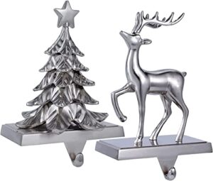 stocking holder set of 2 -tree christmas reindeer stocking hanger for mantel -3d metal deer christmas stocking holder for fireplace mantle - heavy stocking holder for mantle with hook (antique silver)