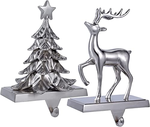 Stocking Holder Set of 2 -Tree Christmas Reindeer Stocking Hanger for Mantel -3D Metal Deer Christmas Stocking Holder for Fireplace Mantle - Heavy Stocking Holder for Mantle with Hook (Antique Silver)