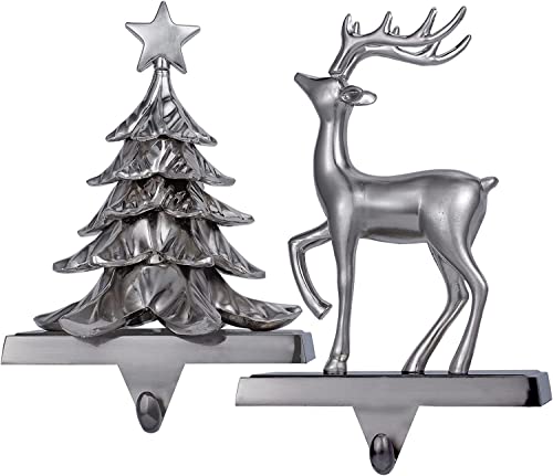 Stocking Holder Set of 2 -Tree Christmas Reindeer Stocking Hanger for Mantel -3D Metal Deer Christmas Stocking Holder for Fireplace Mantle - Heavy Stocking Holder for Mantle with Hook (Antique Silver)