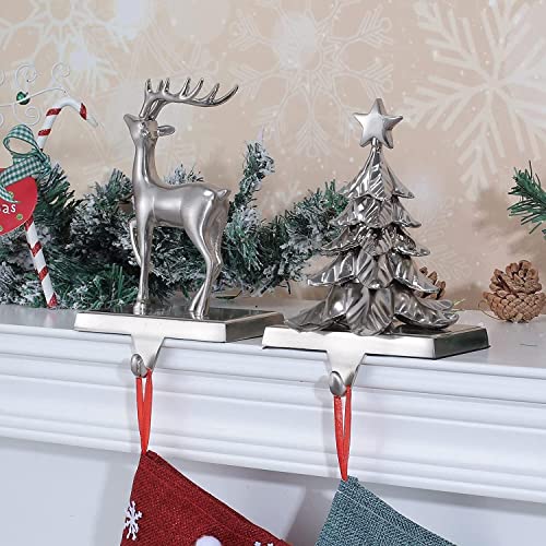 Stocking Holder Set of 2 -Tree Christmas Reindeer Stocking Hanger for Mantel -3D Metal Deer Christmas Stocking Holder for Fireplace Mantle - Heavy Stocking Holder for Mantle with Hook (Antique Silver)