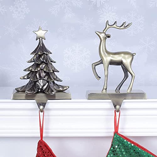 Stocking Holder Set of 2 -Tree Christmas Reindeer Stocking Hanger for Mantel -3D Metal Deer Christmas Stocking Holder for Fireplace Mantle - Heavy Stocking Holder for Mantle with Hook (Antique Silver)