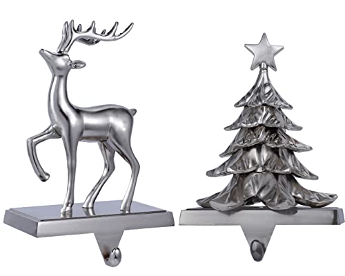 Stocking Holder Set of 2 -Tree Christmas Reindeer Stocking Hanger for Mantel -3D Metal Deer Christmas Stocking Holder for Fireplace Mantle - Heavy Stocking Holder for Mantle with Hook (Antique Silver)