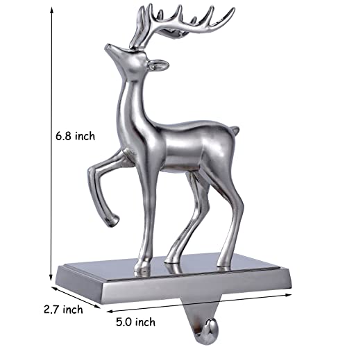 Stocking Holder Set of 2 -Tree Christmas Reindeer Stocking Hanger for Mantel -3D Metal Deer Christmas Stocking Holder for Fireplace Mantle - Heavy Stocking Holder for Mantle with Hook (Antique Silver)