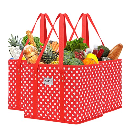 MVSCOCEAN Reusable Grocery Bags, Shopping Cart Bag,Heavy Duty,Hard Bottom Foldable Trunk Organizer,Set of 3 (Polka Dot Red)