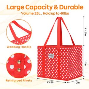 MVSCOCEAN Reusable Grocery Bags, Shopping Cart Bag,Heavy Duty,Hard Bottom Foldable Trunk Organizer,Set of 3 (Polka Dot Red)