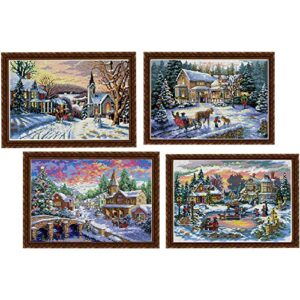 zuoanlf 4 packs stamped cross stitch kits,full range of embroidery starter kits for beginners,diy embroidery needlepoint kits home decor,11ct,christmas,snow scene,14.2×18.1inch