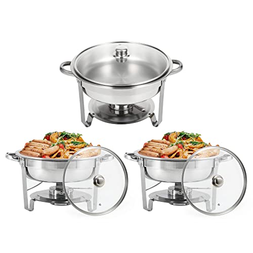 Restlrious Chafing Dish Buffet Set 3 Pack Stainless Steel Round Chafers and Buffet Warmers Set with Glass Viewing Lid, 5QT Foldable Complete Set for Buffet Catering w/Water Pan, Food Pan, Fuel Holder