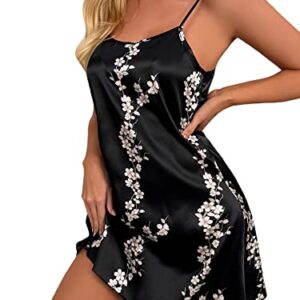 Floerns Women's Sleeveless Floral Print Spaghetti Strap Satin Chemise Nightgown Black L