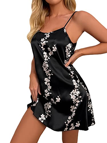 Floerns Women's Sleeveless Floral Print Spaghetti Strap Satin Chemise Nightgown Black L