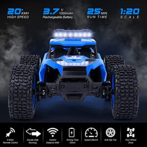 Remote Control Car,1:20 Scale RC Stunt Car,2WD High Speed 25 Mph All Terrains Monster Truck Electric Toy Off Road RC Toy Cars Crawler with LED Headlight for Xmas Birthday Gift Adults,Kids(Blue/Red)