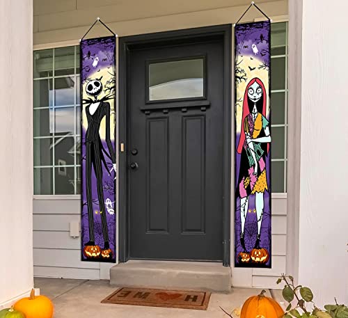 Jack Skellington Porch Sign Banner 2 Pcs 11.8×70.8" Halloween Nightmare Before Christmas Banner Halloween Party Supplies Welcome Sign Halloween Door Banner fall Decorations