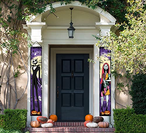 Jack Skellington Porch Sign Banner 2 Pcs 11.8×70.8" Halloween Nightmare Before Christmas Banner Halloween Party Supplies Welcome Sign Halloween Door Banner fall Decorations