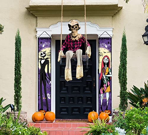 Jack Skellington Porch Sign Banner 2 Pcs 11.8×70.8" Halloween Nightmare Before Christmas Banner Halloween Party Supplies Welcome Sign Halloween Door Banner fall Decorations