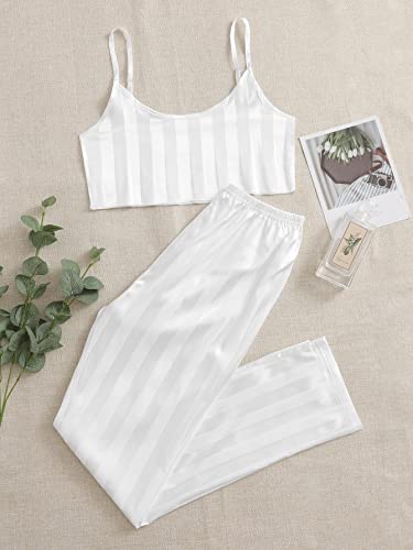 WDIRARA Women's Satin Striped Cami Top and Pants Soft Sleeveless Pajama Lounge Set White L