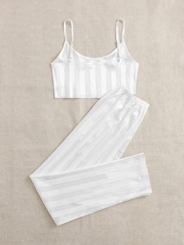 WDIRARA Women's Satin Striped Cami Top and Pants Soft Sleeveless Pajama Lounge Set White L