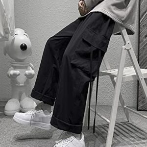 WDIRARA Men's Drawstring Waist Streetwear Long Cargo Pants with Pockets Black M