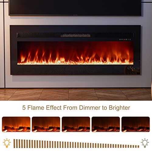 UMOMO 50 inch Electric Fireplace Recessed and Wall Mounted Electric Fireplace, Fireplace Heater and Linear Fireplace, with Timer, Remote Control, Adjustable 17 Flame Color, Logset/Crystal, 750w/1500w