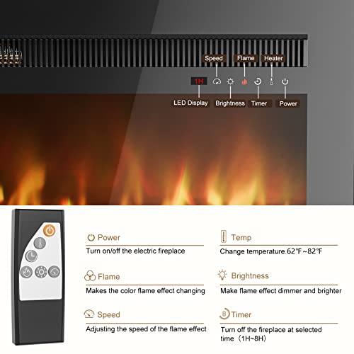 UMOMO 50 inch Electric Fireplace Recessed and Wall Mounted Electric Fireplace, Fireplace Heater and Linear Fireplace, with Timer, Remote Control, Adjustable 17 Flame Color, Logset/Crystal, 750w/1500w