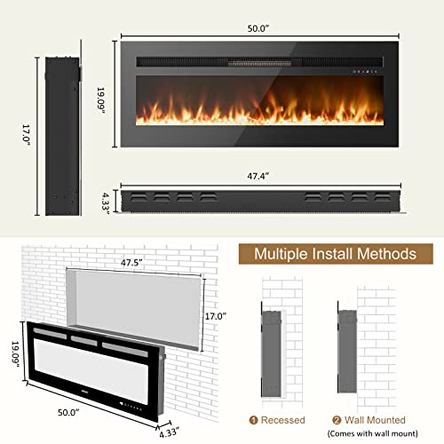 UMOMO 50 inch Electric Fireplace Recessed and Wall Mounted Electric Fireplace, Fireplace Heater and Linear Fireplace, with Timer, Remote Control, Adjustable 17 Flame Color, Logset/Crystal, 750w/1500w